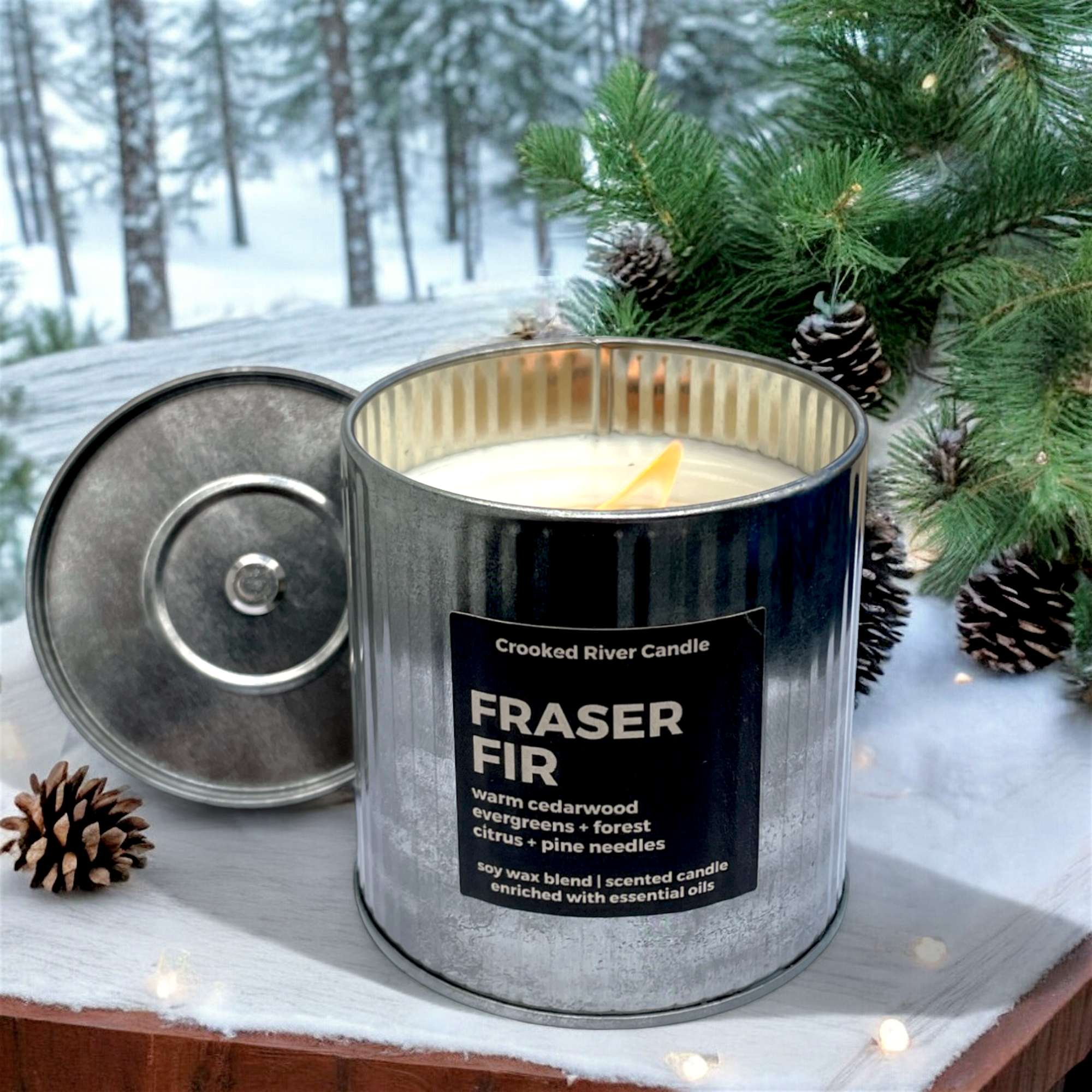Fraser Fir | Holiday Candle | Rustic Tin with Lid-Wood Wick